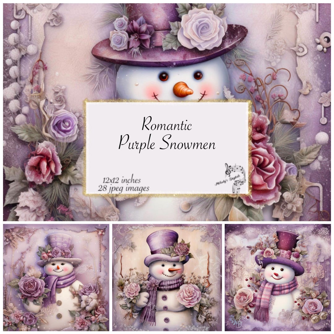 Romantic Purple Snowmen Digital Paper, Purple Snowmen Junk Journal ...
