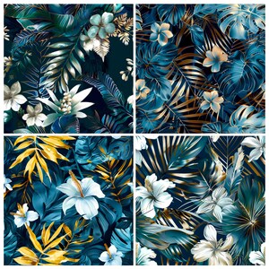 Blue Tropical Flowers Seamless Patterns, Hawaiian Wedding Floral ...