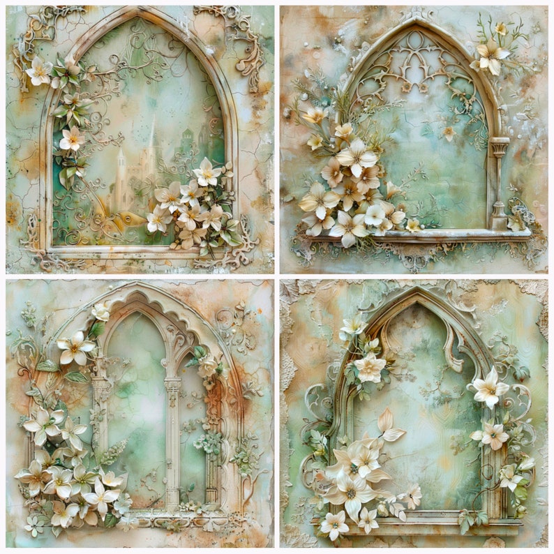 Romantic Green Floral Arched Windows Digital Paper, Cathedral Windows ...