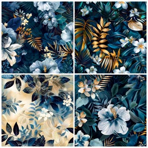 Blue Tropical Flowers Seamless Patterns, Hawaiian Wedding Floral ...