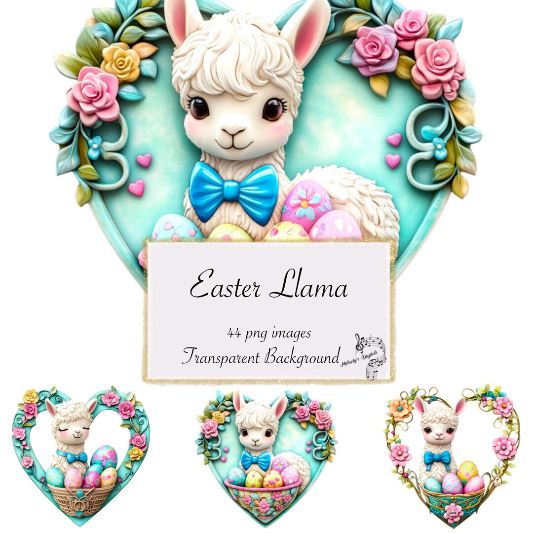 Easter Llama Clip Art, Heart Design, Spring Flowers (PNG Digital ...