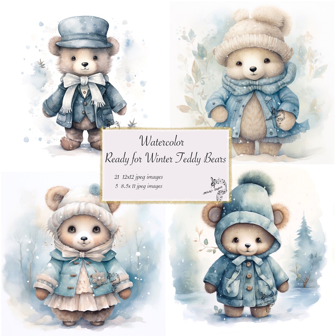 Watercolor Winter Teddy Bears Clipart, Sublimation Designs (digital ...