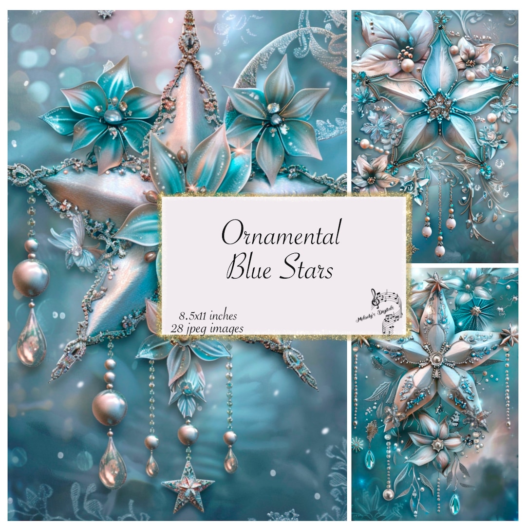 Ornamental Blue Stars Digital Paper, Christmas Stars Digital Paper ...