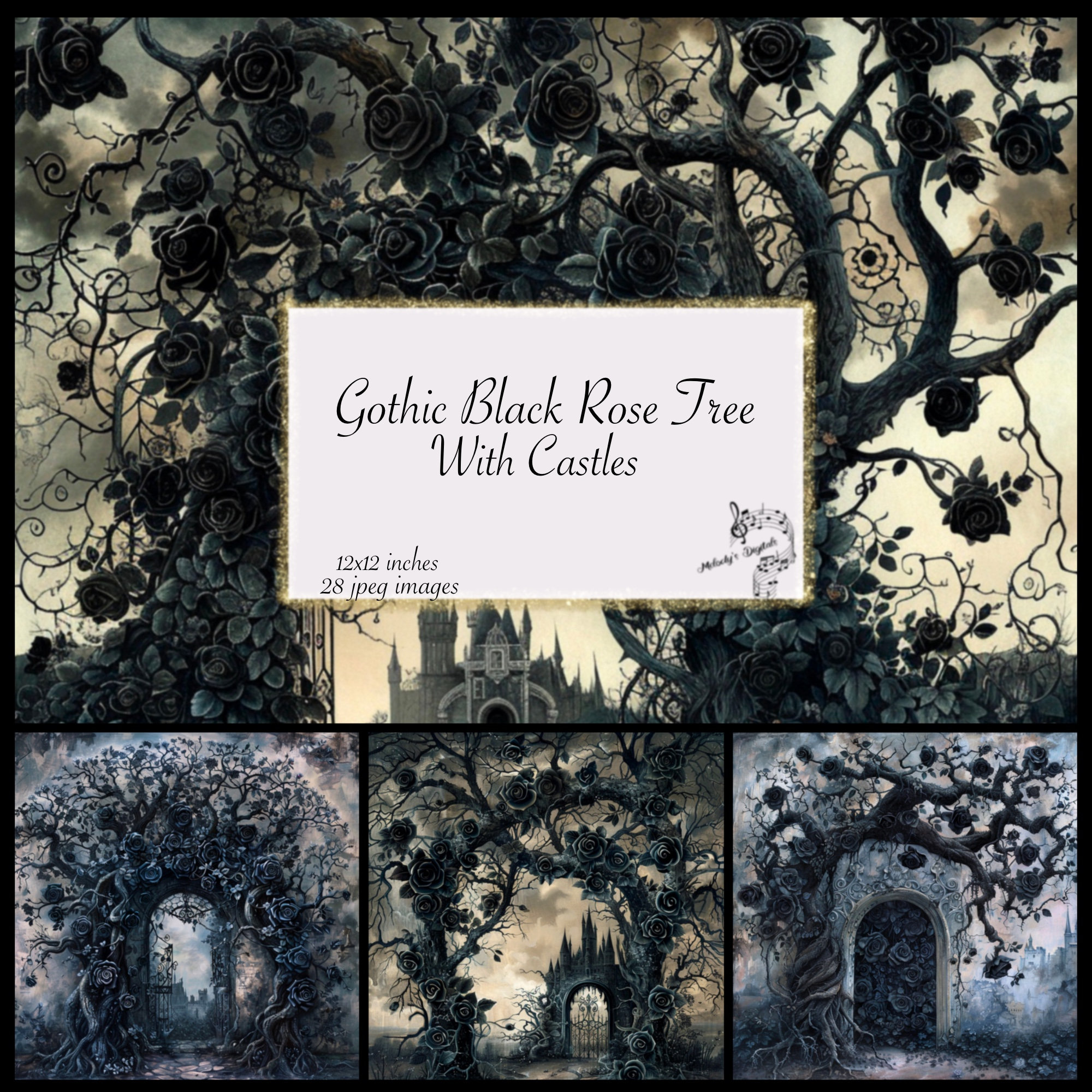 Gothic Black Rose Tree Digital Paper, Gothic Castles Journal Paper ...