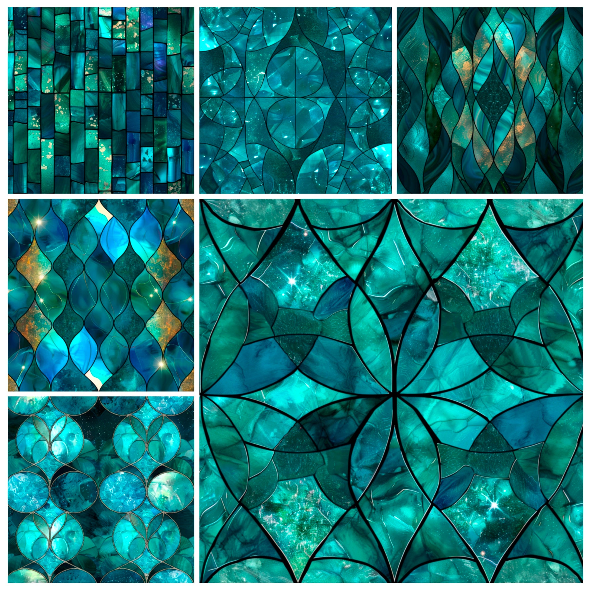Teal and Metallic Glam Stained Glass Digital Paper, Seamless Printable ...