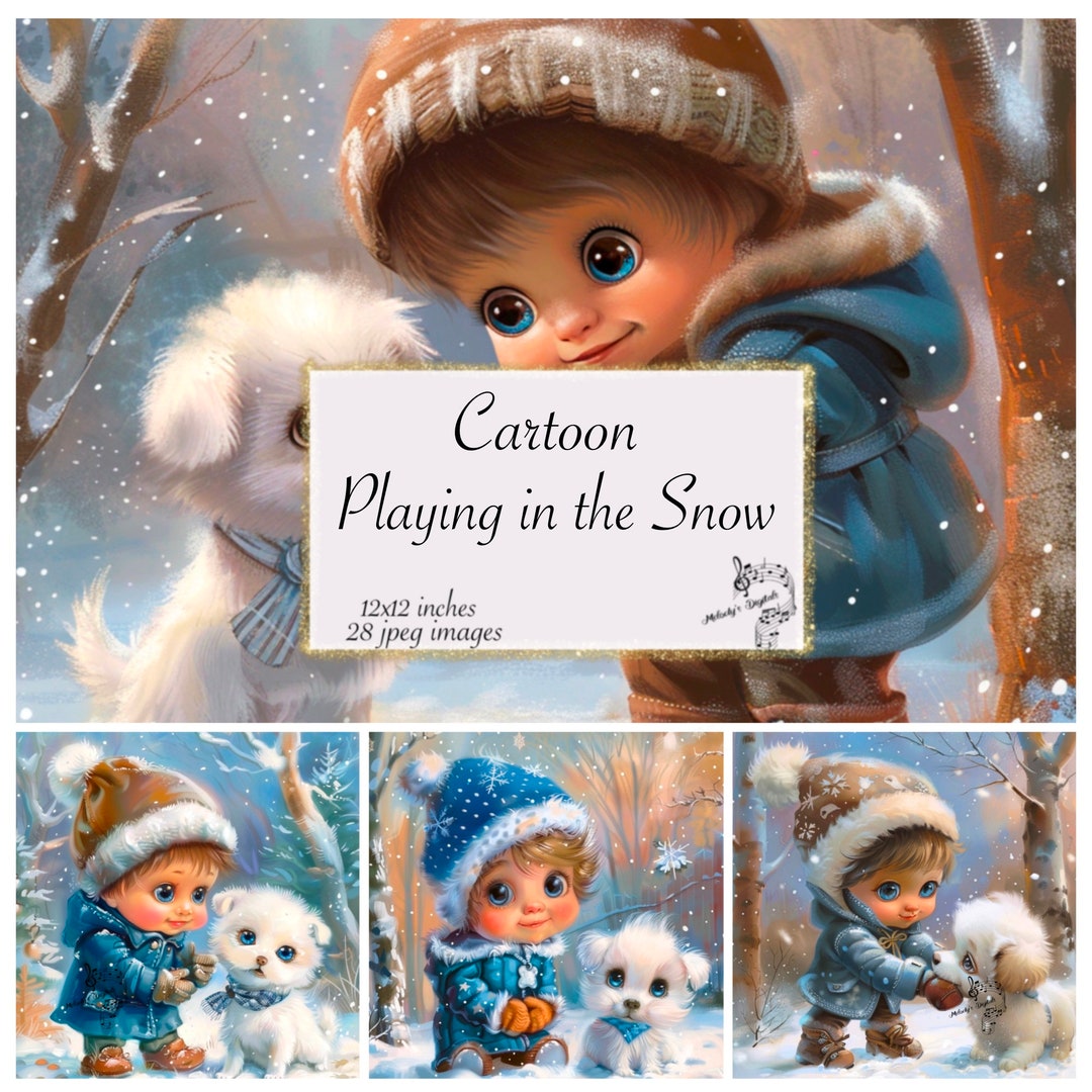Cartoon Boys Playing in the Snow Digital Paper, Kids Playing in the ...