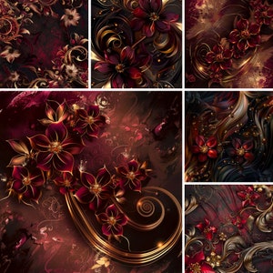 Burgundy and Gold Abstract Digital Paper, Rococo Digital Paper, Gold ...