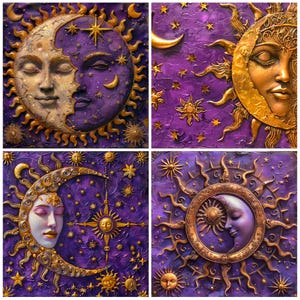 Stars and Moon Scrapbook Paper, Purple and Gold Celestial Moon and ...