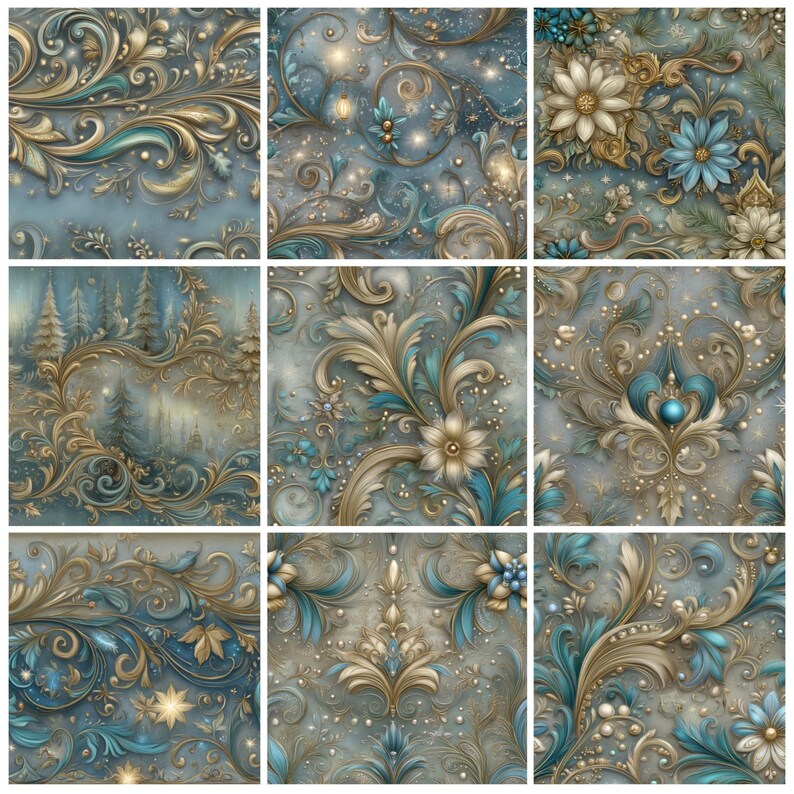 Vintage Blue and Gold Christmas Digital Paper, Junk Journal Scrapbook ...