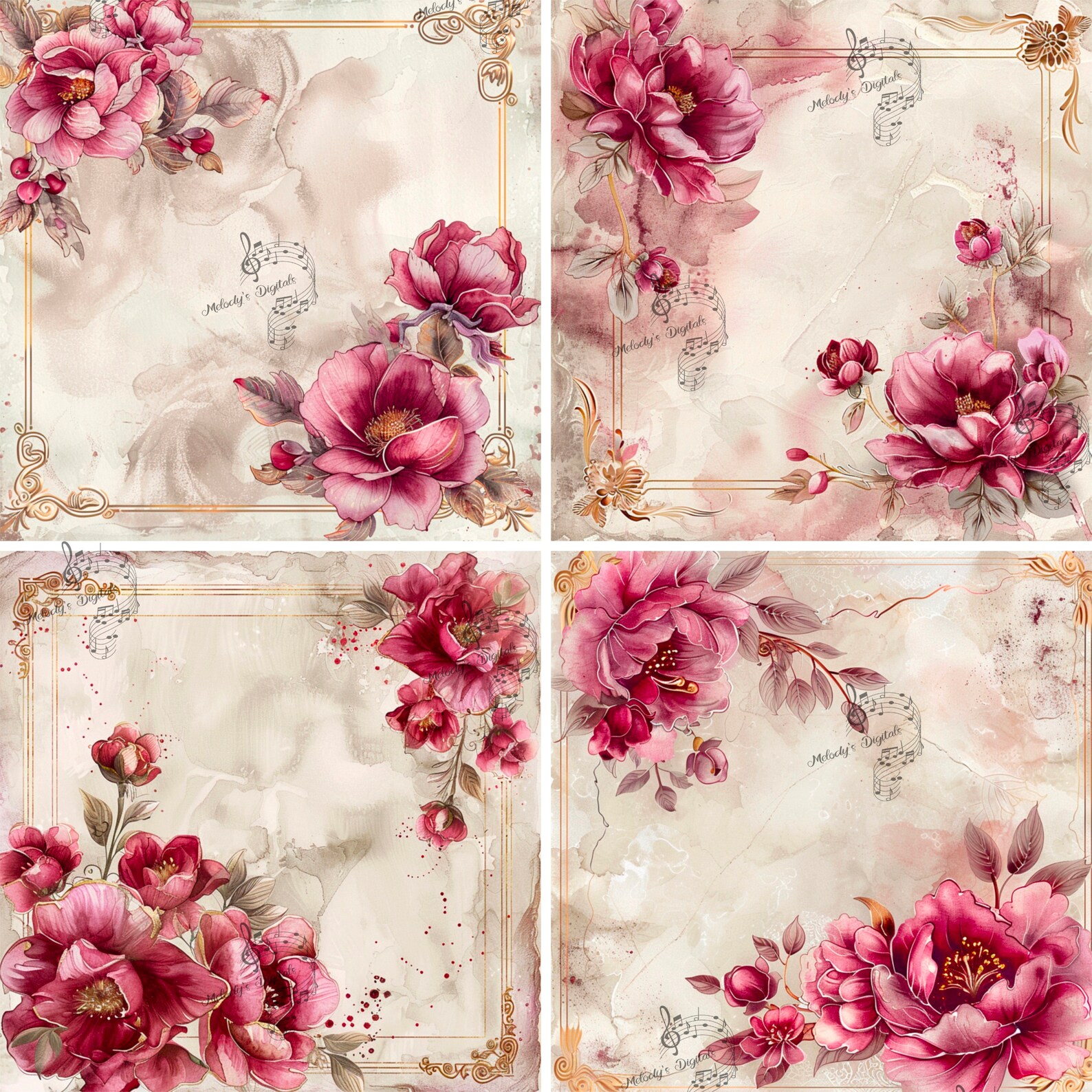 Berry Colored Flowers Watercolor Flowers Journal Paper Art Deco Spring ...