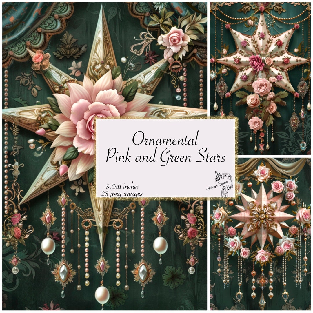 Ornamental Pink and Green Stars Digital Paper, Christmas Stars Digital ...