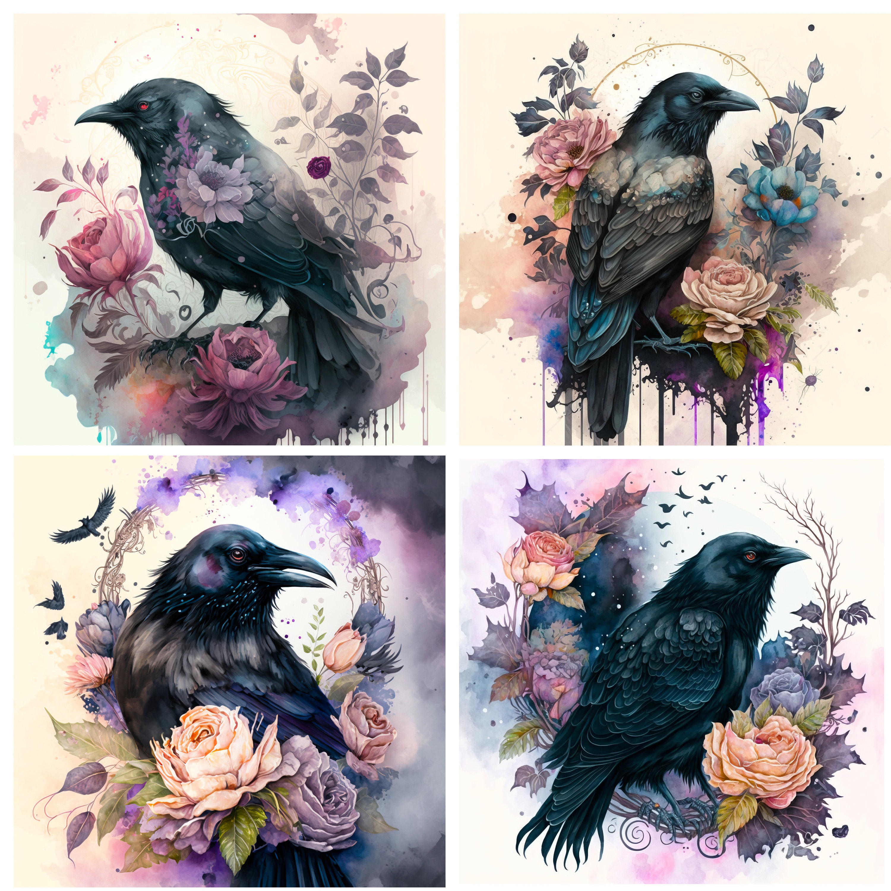 Watercolor Crows Journal Paper, Digital Paper, Rococo Watercolor Junk ...