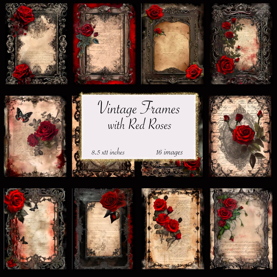 Vintage Frames With Red Roses Journal Paper, Digital Paper, Junk ...