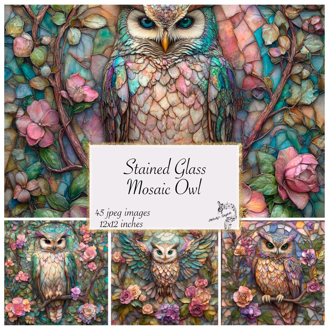 Stained Glass Mosaic Owl Digital Paper 3D Owls, Pastel Color Owl ...