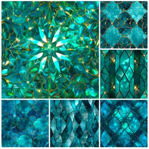 Teal and Metallic Glam Stained Glass Digital Paper, Seamless Printable ...