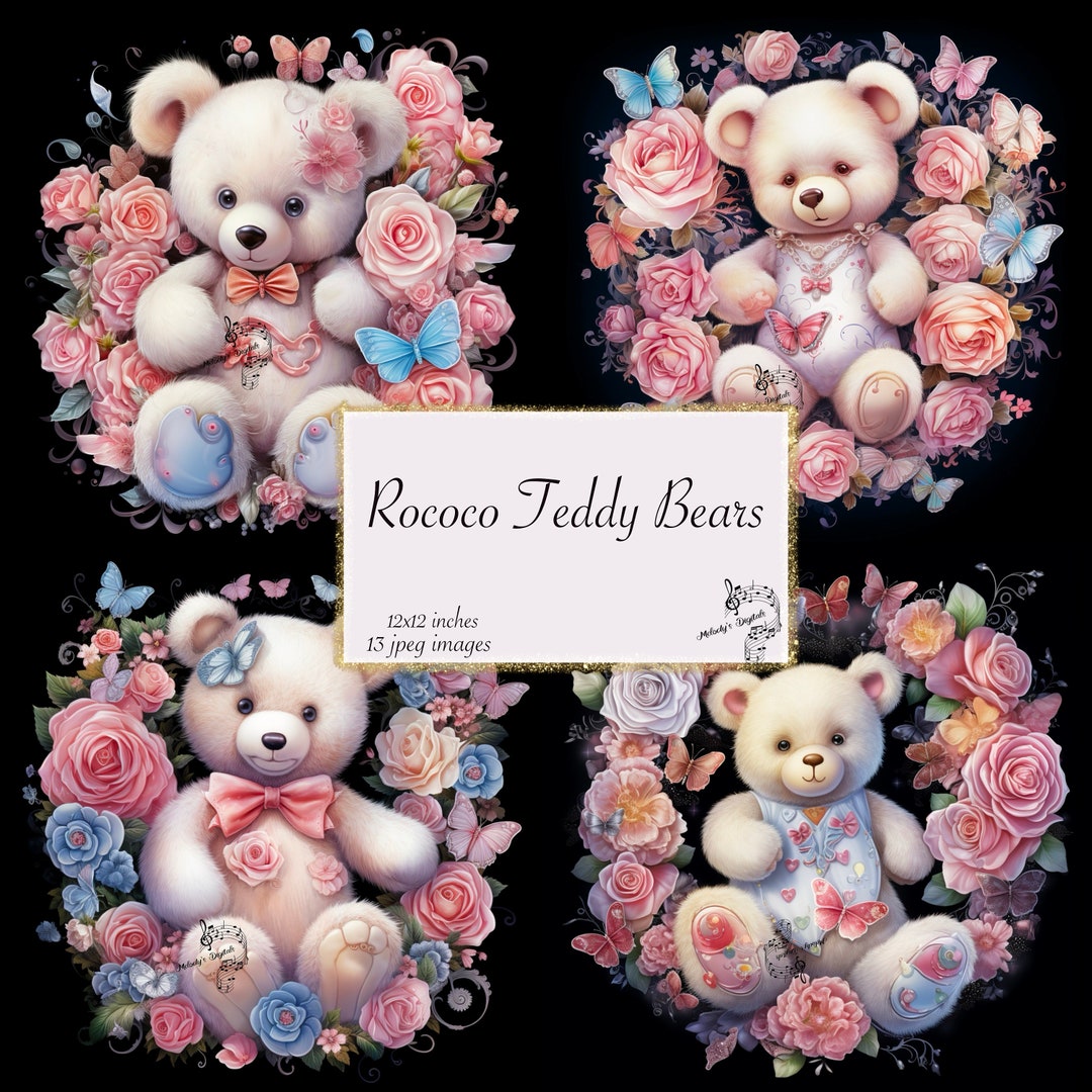 Rococo Teddy Bear Floral Papers, Kids Scrapbooking (digital Download ...