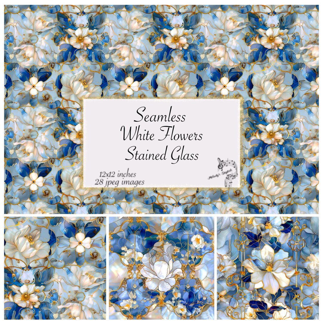 White Flowers Stained Glass Digital Paper, Seamless White and Blue ...