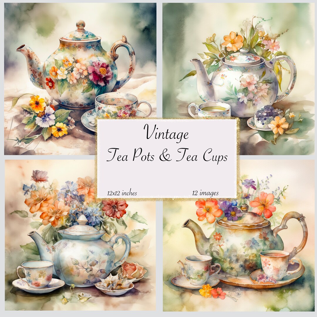 Vintage Tea Pots and Tea Cups Journal Paper, Digital Paper, Rococo ...