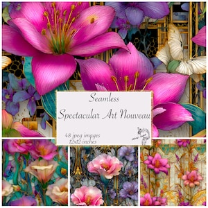 Spectacular Art Nouveau Digital Paper, Seamless Stained Glass Digital ...