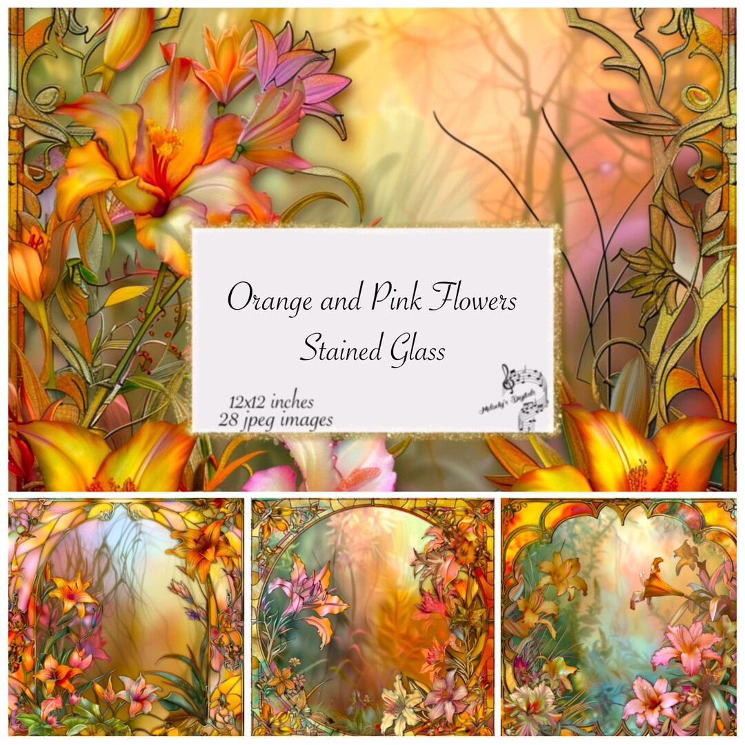 Art Nouveau Orange and Pink Flowers Stained Glass Digital Paper ...