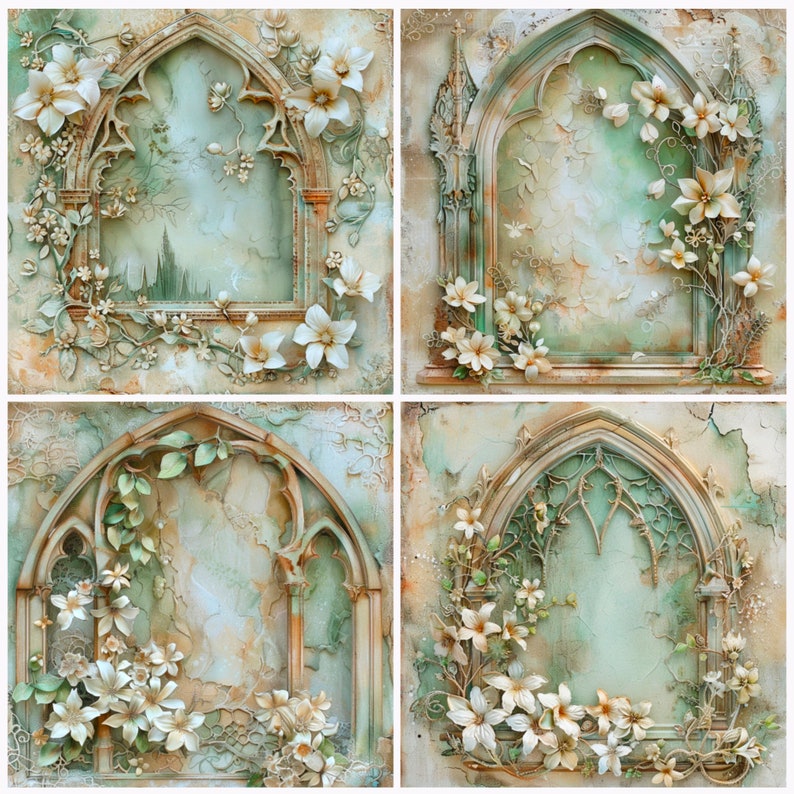 Romantic Green Floral Arched Windows Digital Paper, Cathedral Windows ...