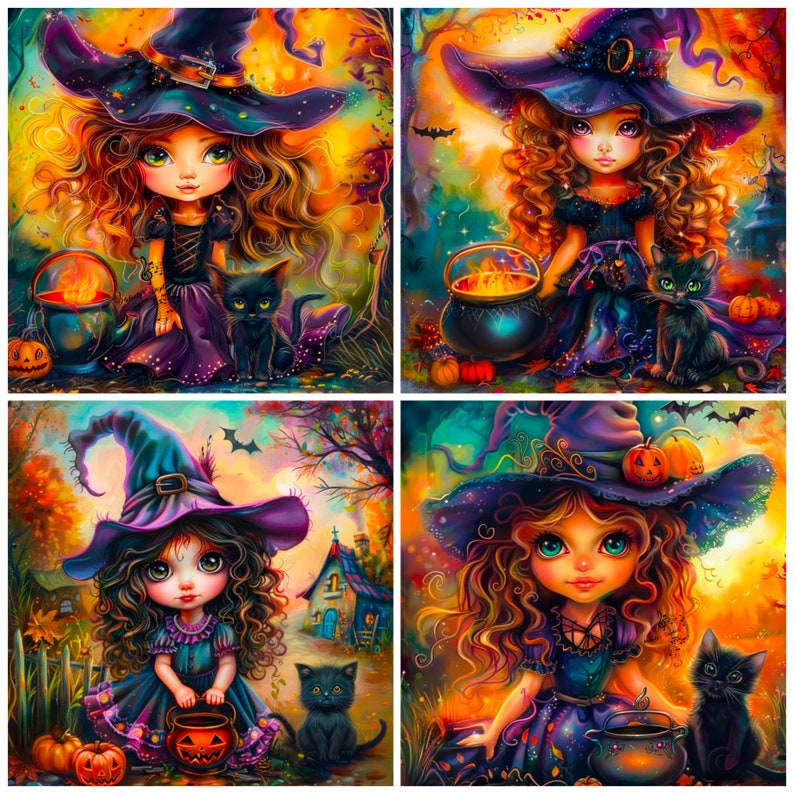 Cartoon Cute Witches Digital Paper, Witches Halloween Digital Paper ...