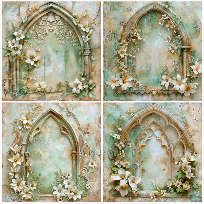 Romantic Green Floral Arched Windows Digital Paper, Cathedral Windows ...