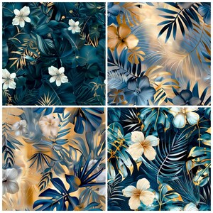 Blue Tropical Flowers Seamless Patterns, Hawaiian Wedding Floral ...