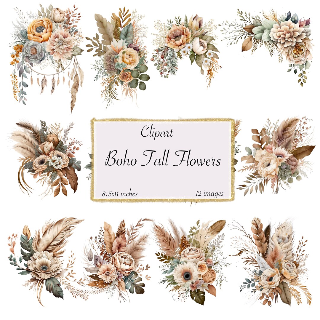Boho Fall Flowers Clipart, Rococo Fantasy Clipart, PNG Bundle, Instant ...