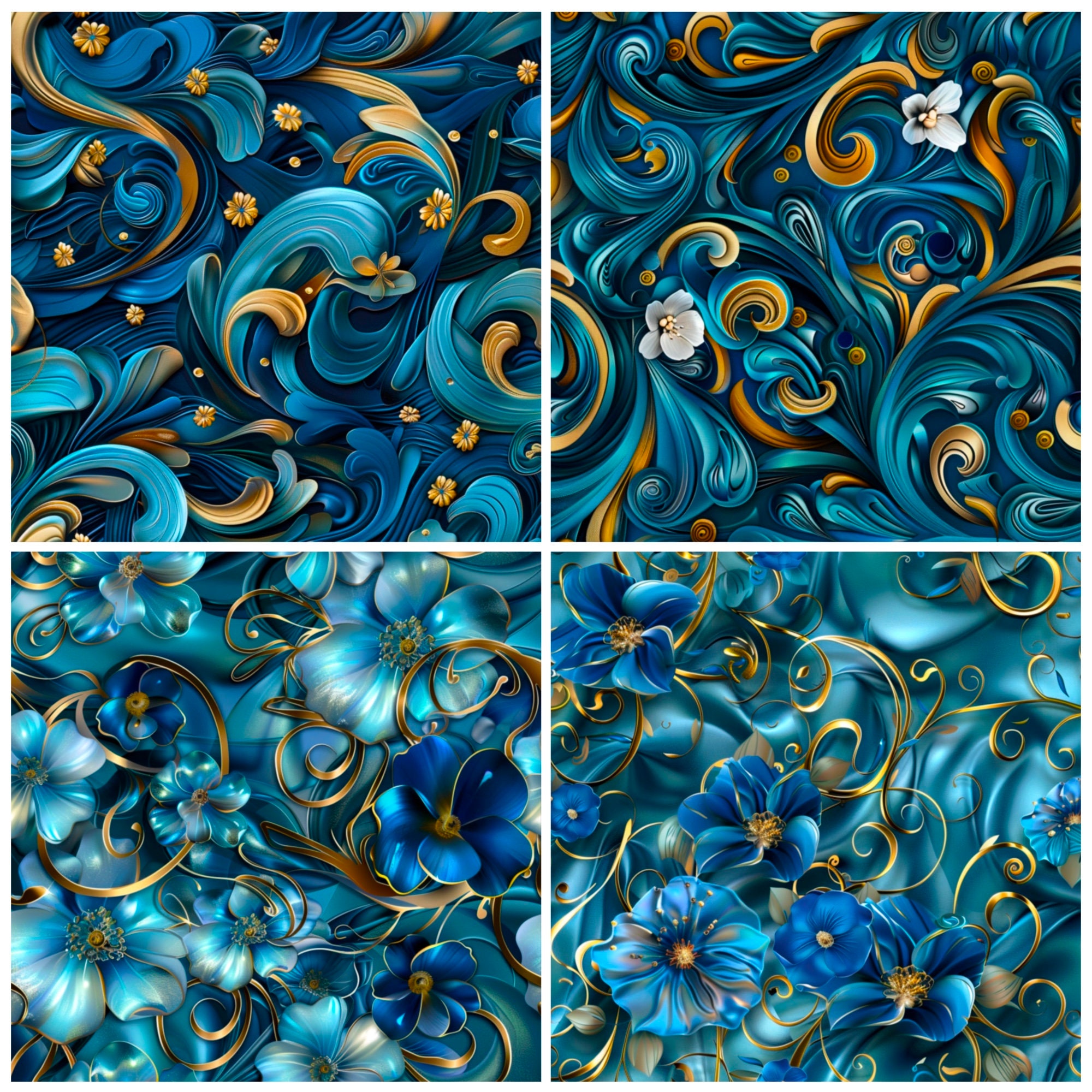 Blue and Gold Abstract Swirls Digital Paper, Seamless Gold and Blue ...