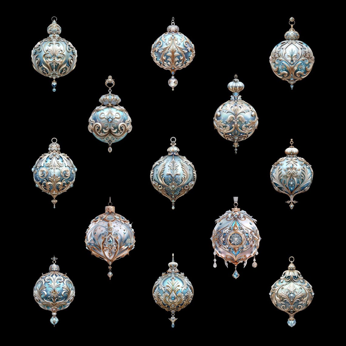 Blue Rococo Christmas Ornaments Clipart, Watercolor Style (PNG Digital ...