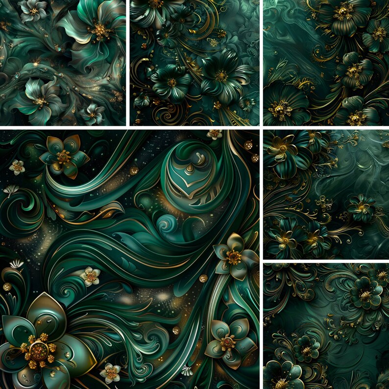 Green and Gold Rococo Digital Paper, Rococo Digital Paper, Gold Foil ...