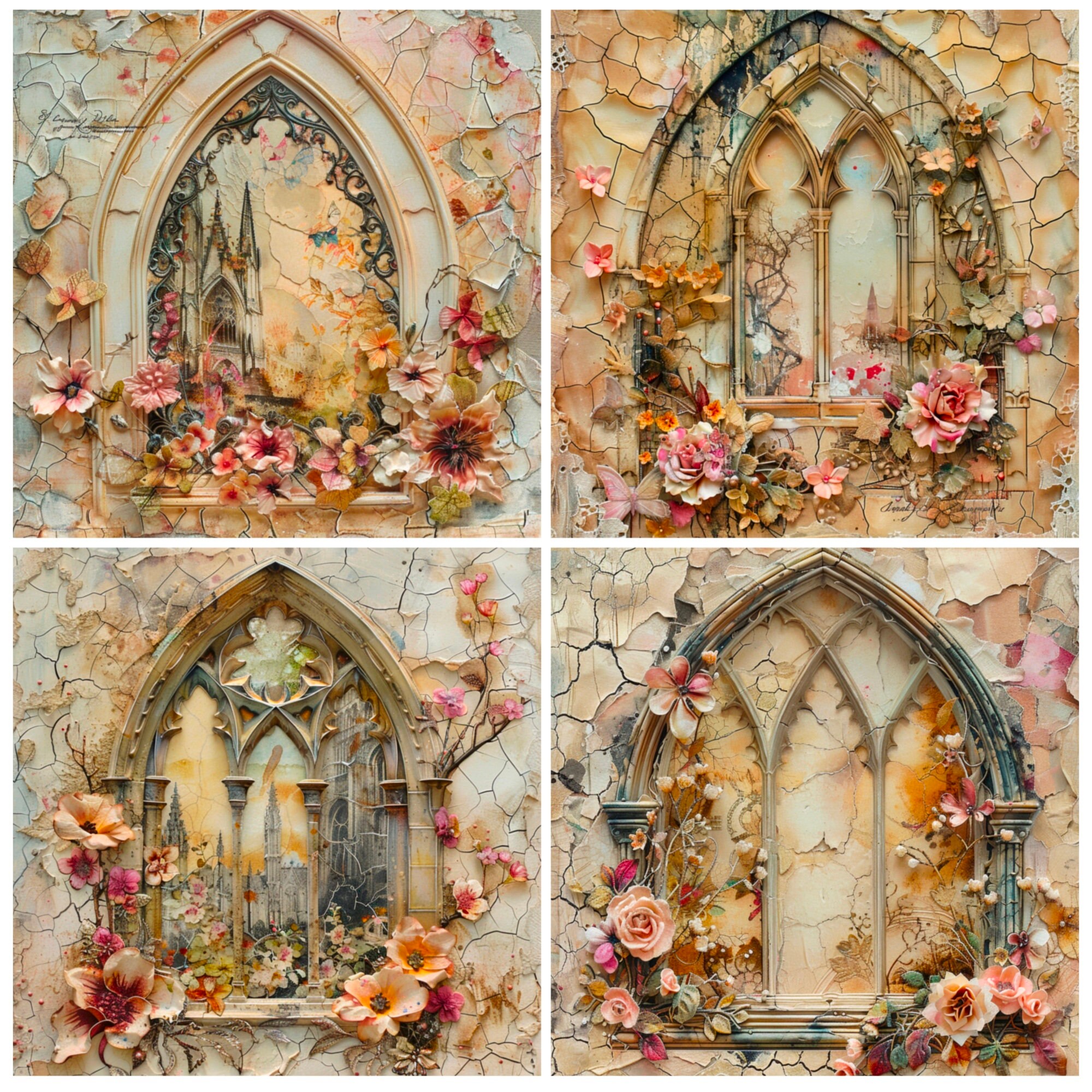 Romantic Black Floral Arched Windows Digital Paper, Cathedral Windows ...