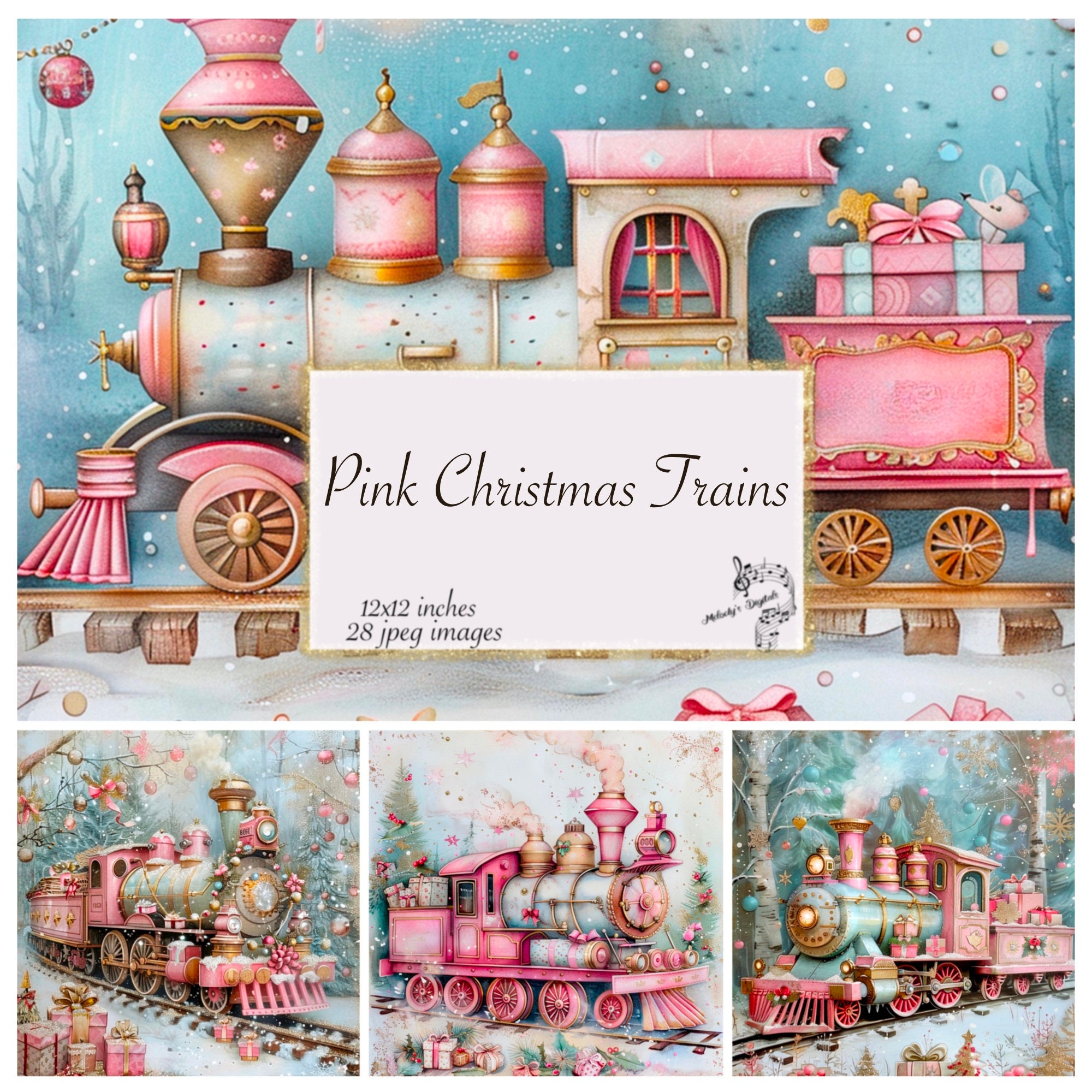 Pink Christmas Trains Digital Paper Vintage Trains, Enchanted Christmas ...