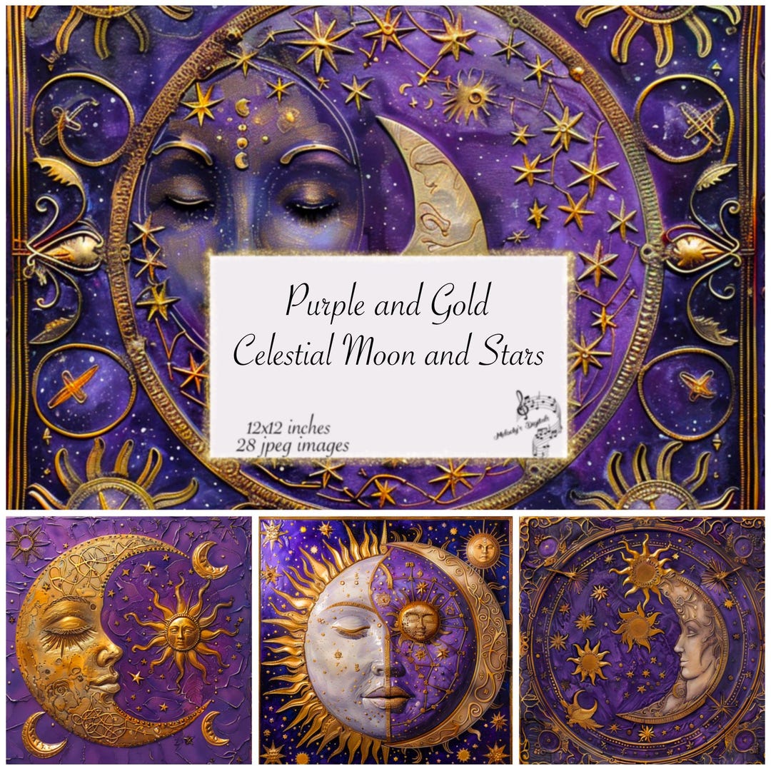 Stars and Moon Scrapbook Paper, Purple and Gold Celestial Moon and ...
