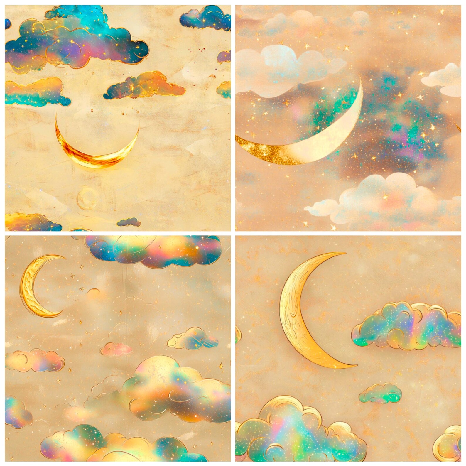 Iridescent Stars and Moon Digital Paper, Seamless Celestial Texture ...
