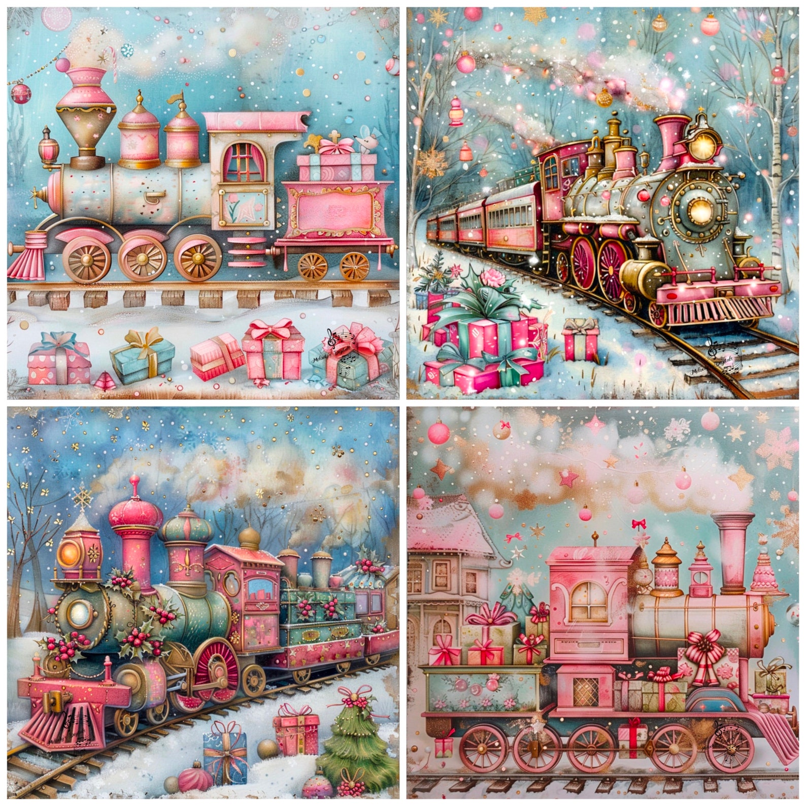 Pink Christmas Trains Digital Paper Vintage Trains, Enchanted Christmas ...
