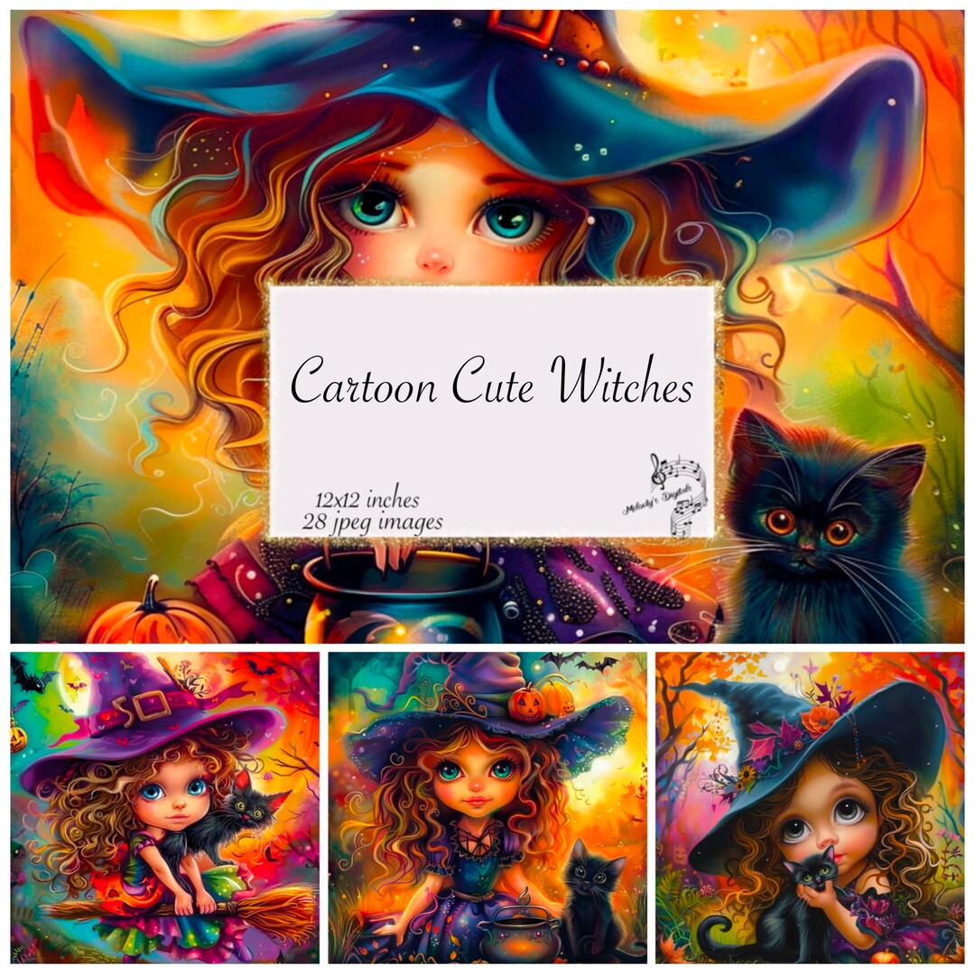 Cartoon Cute Witches Digital Paper, Witches Halloween Digital Paper ...