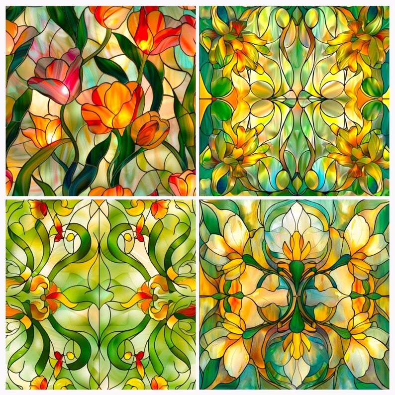Art Nouveau Stained Glass Digital Paper, Seamless Printable Textures ...
