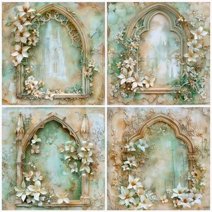 Romantic Green Floral Arched Windows Digital Paper, Cathedral Windows ...