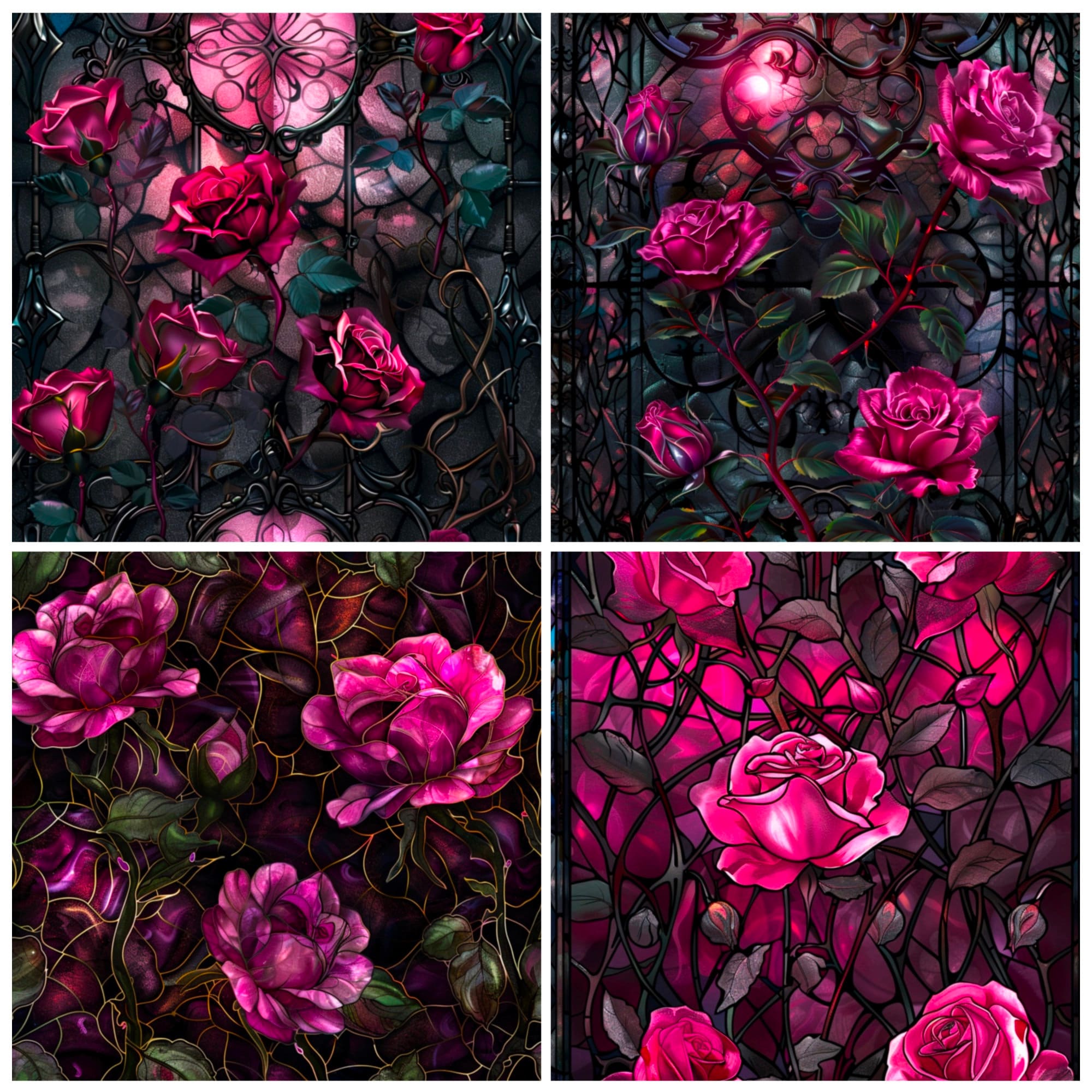 Gothic Roses Stained Glass Digital Paper, Gothic Pink Roses Journal ...