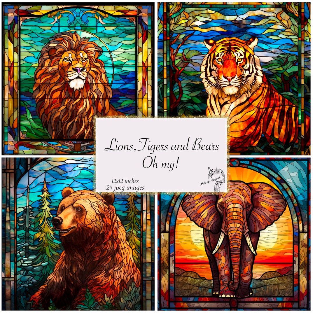 Stained Glass Animals Digital Paper, Lions, Tigers, Bears (digital ...