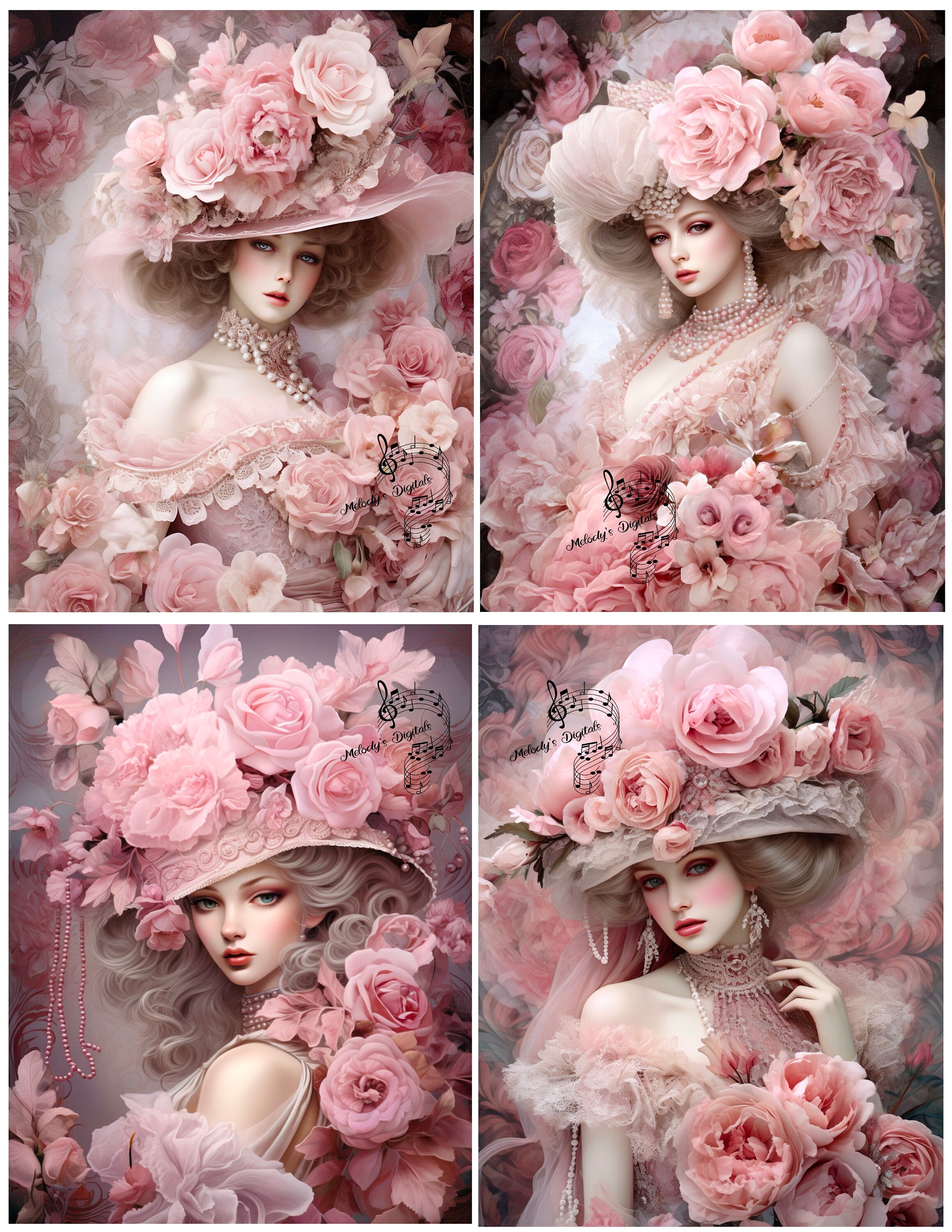 Vintage Women in Big Pink Hats Rococo Journal Paper Rococo Prints ...