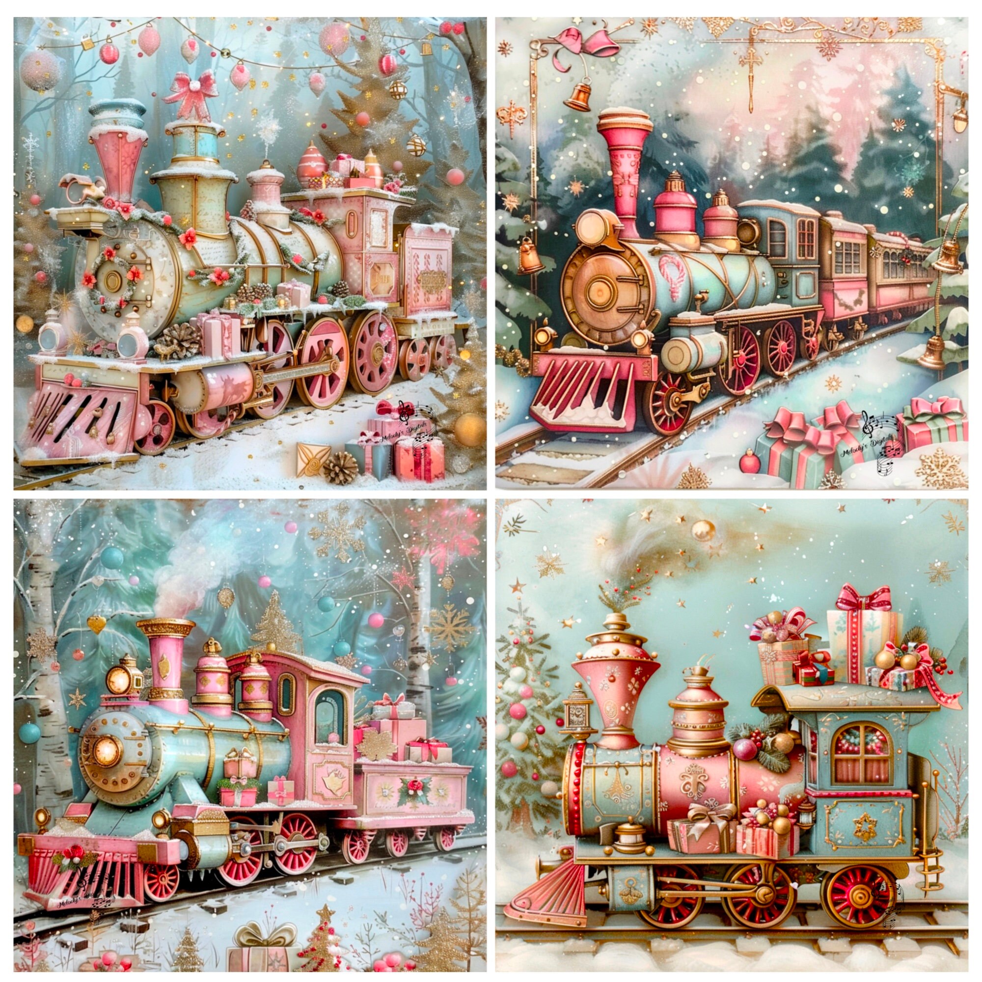Pink Christmas Trains Digital Paper Vintage Trains, Enchanted Christmas ...