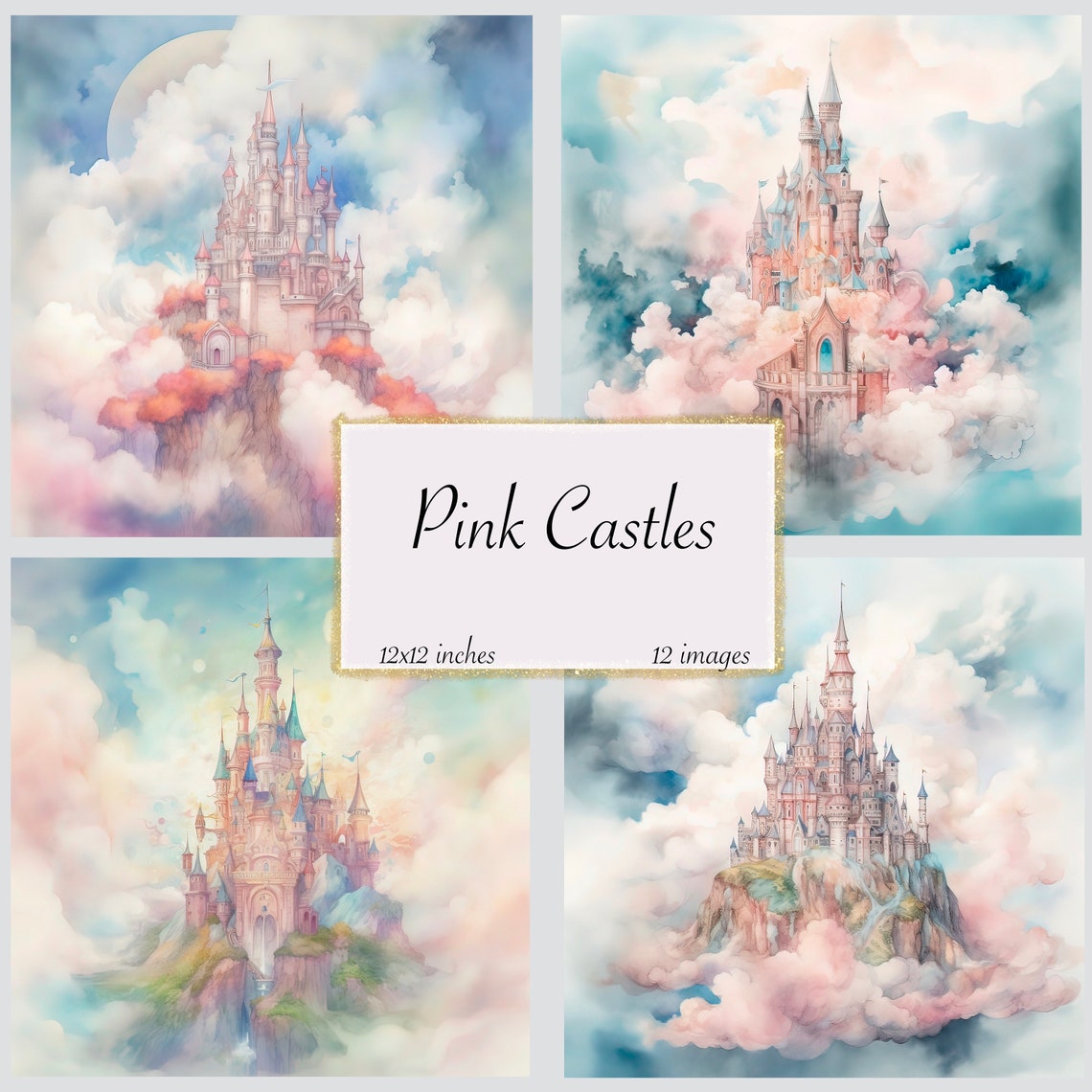 Pink Castles Journal Paper, Digital Paper, Rococo Watercolor Junk ...