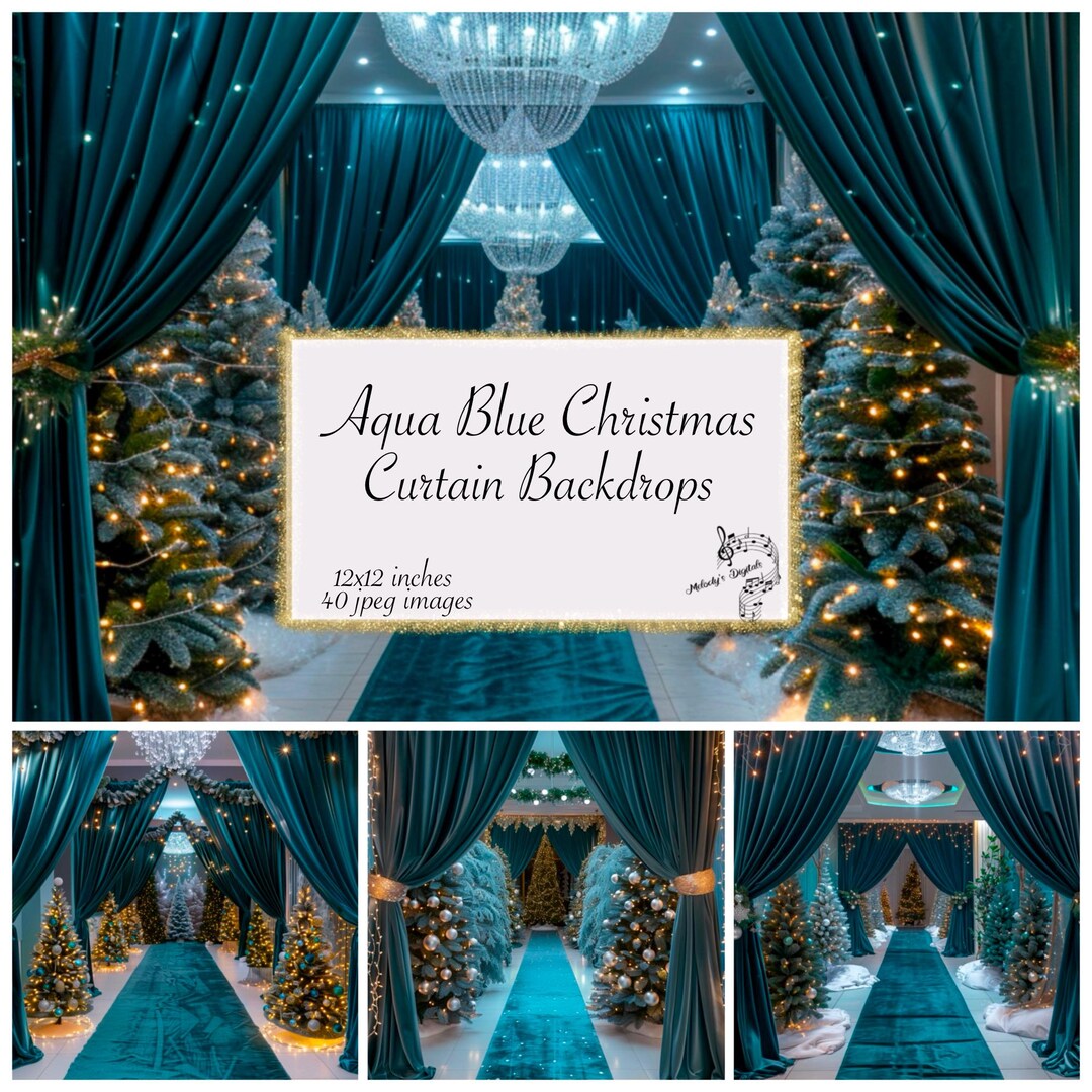 Aqua Blue Christmas Curtain Backdrops Digital Paper, Christmas Curtains ...