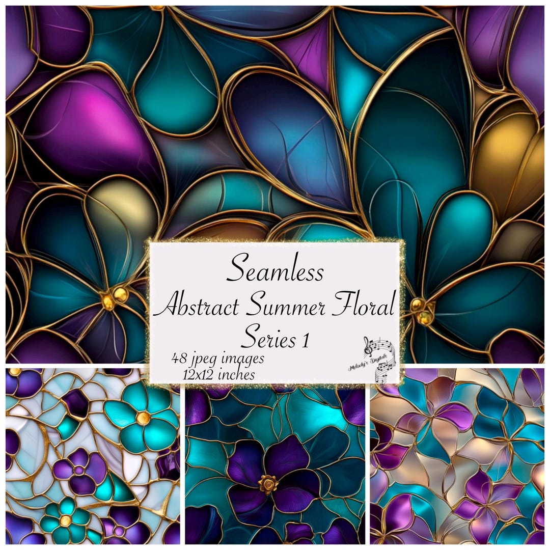Stained Glass Floral Digital Paper, Abstract Teal Purple (digital ...