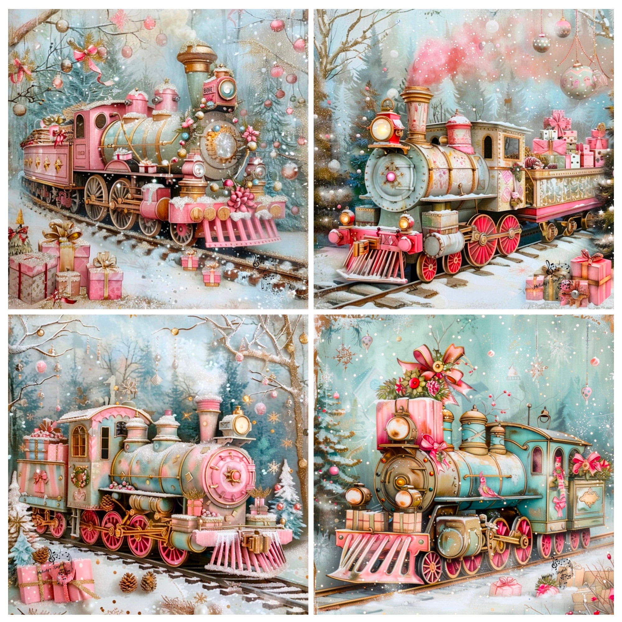 Pink Christmas Trains Digital Paper Vintage Trains, Enchanted Christmas ...