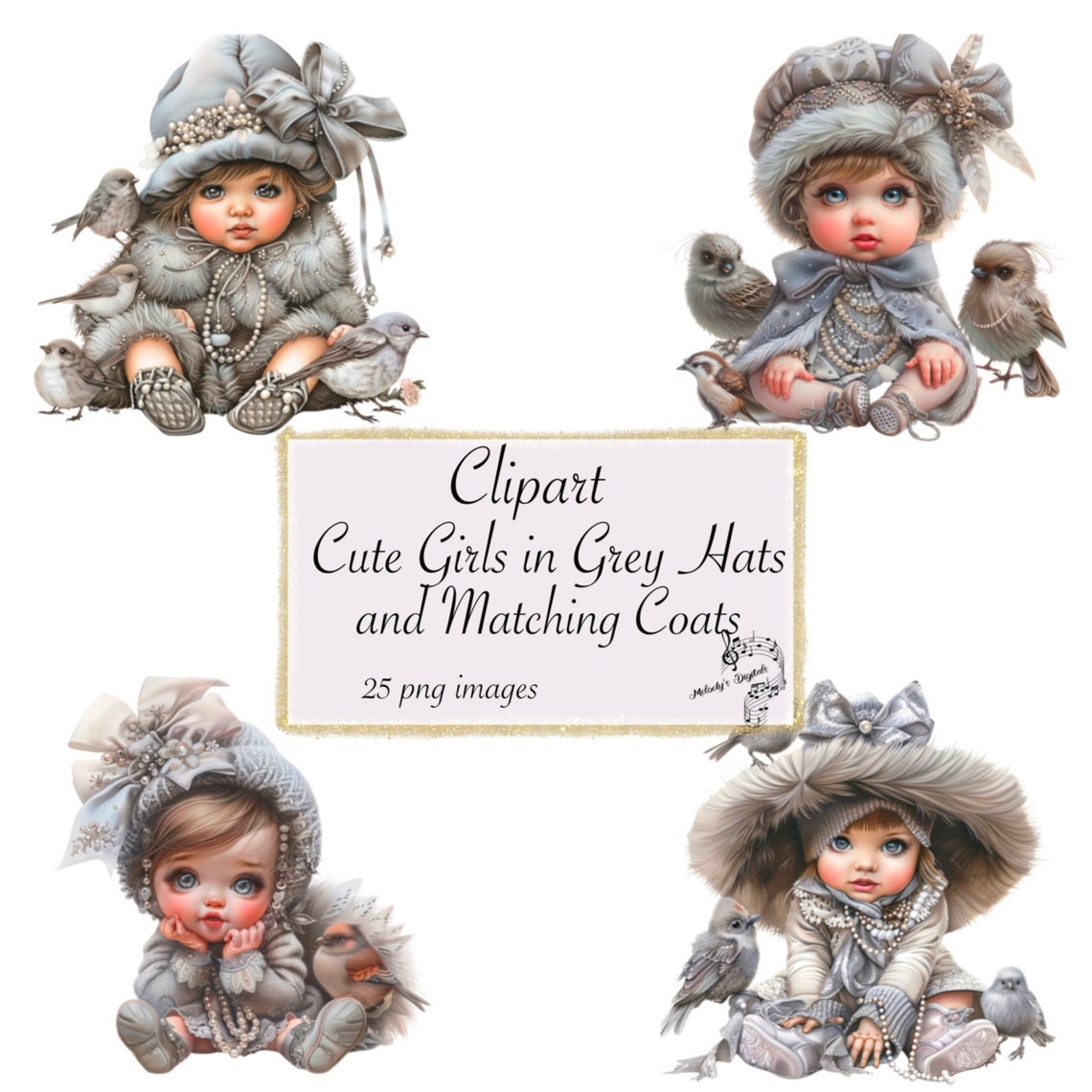 Girls in Grey Hats Clipart, Winter Coats, Pearl Accents (digital ...