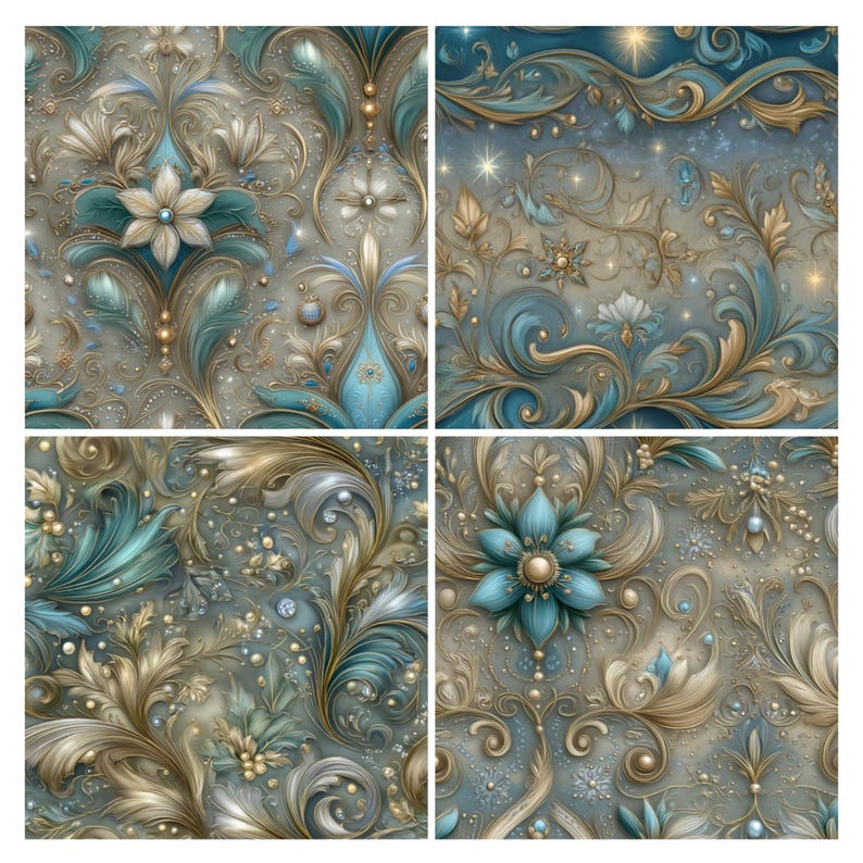 Vintage Blue and Gold Christmas Digital Paper, Junk Journal Scrapbook ...